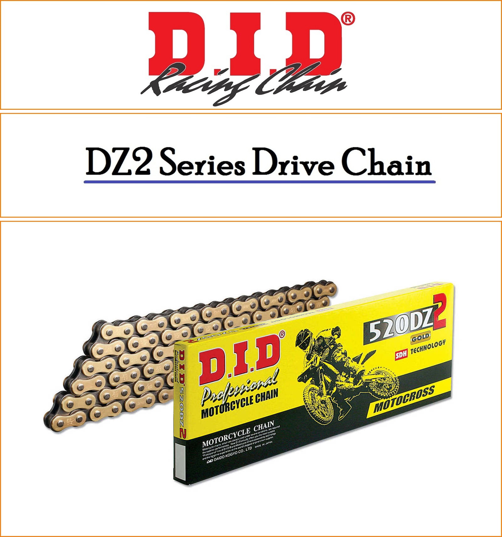 Chain and Sprocket Kit With a DID DZ2 520 Pitch 108 Link Gold Chain ...