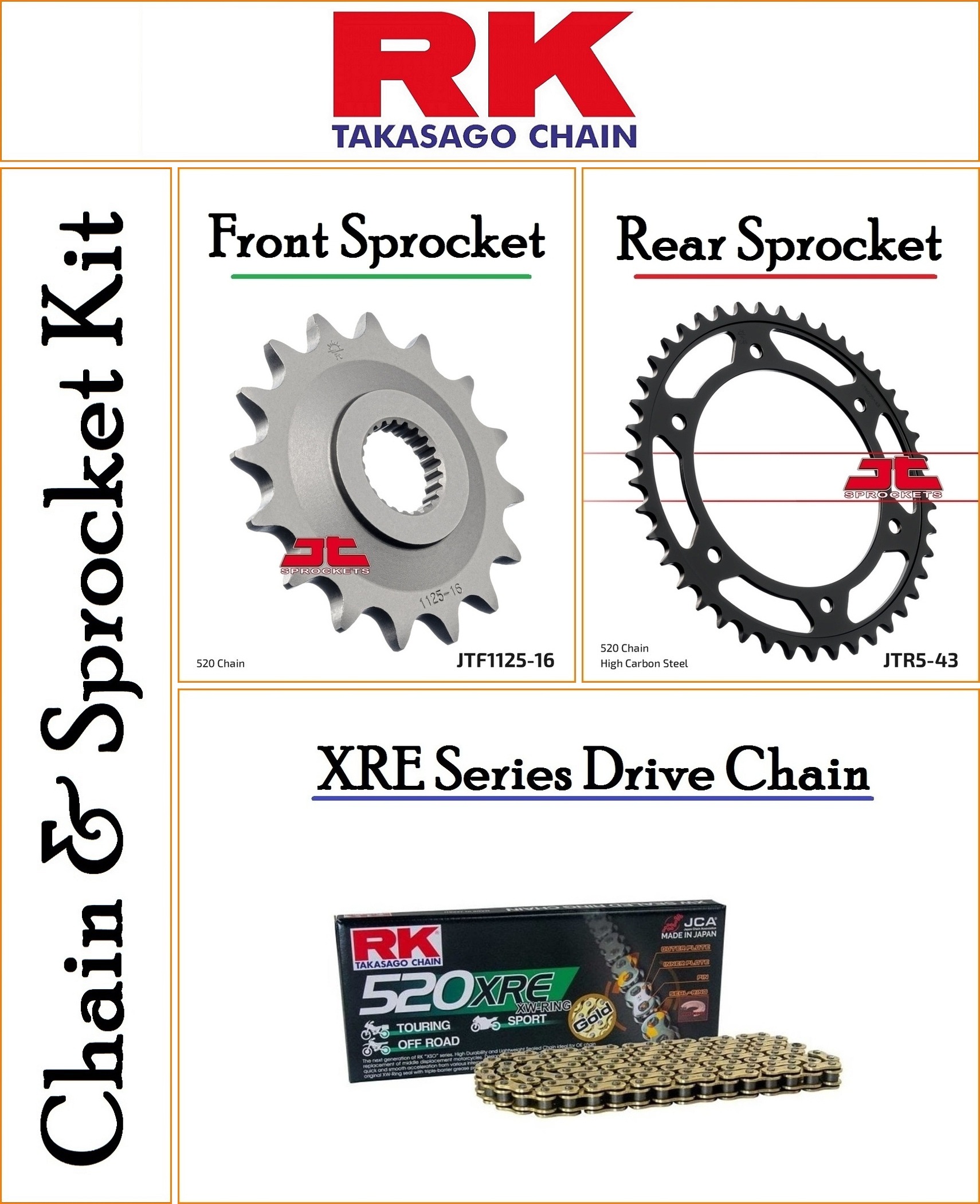 Chain and Sprocket Kit With a RK XRE 520 Pitch 106 Link Gold Chain | WizBiz
