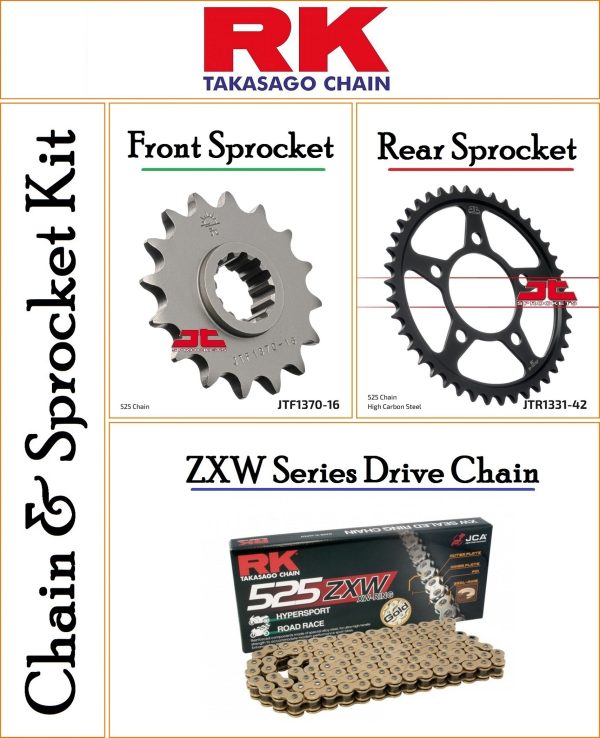 Chain and Sprocket Kit With a RK ZXW 525 Pitch 124 Link Gold Chain | WizBiz