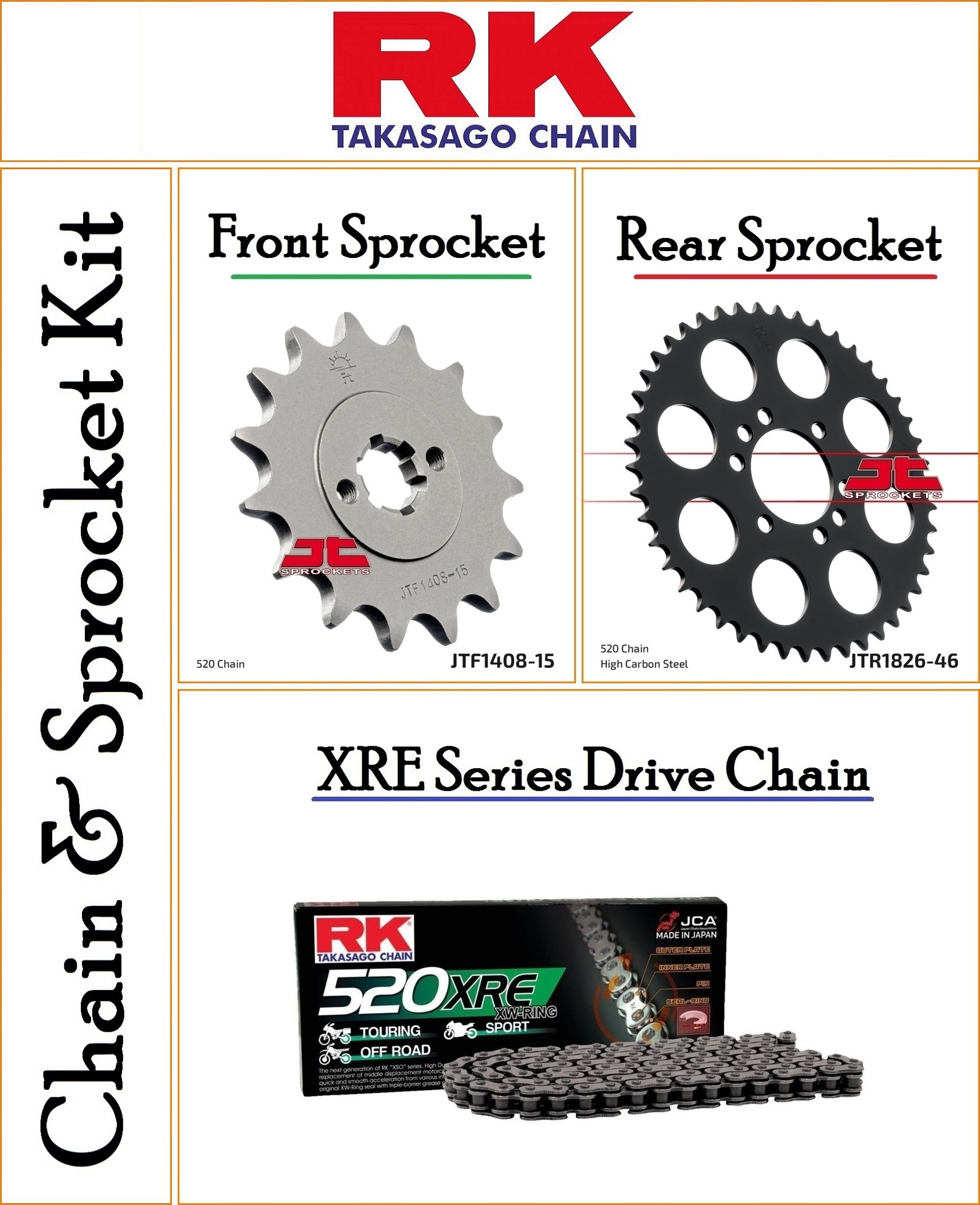 Chain and Sprocket Kit With a RK XRE 520 Pitch 114 Link Steel Chain ...
