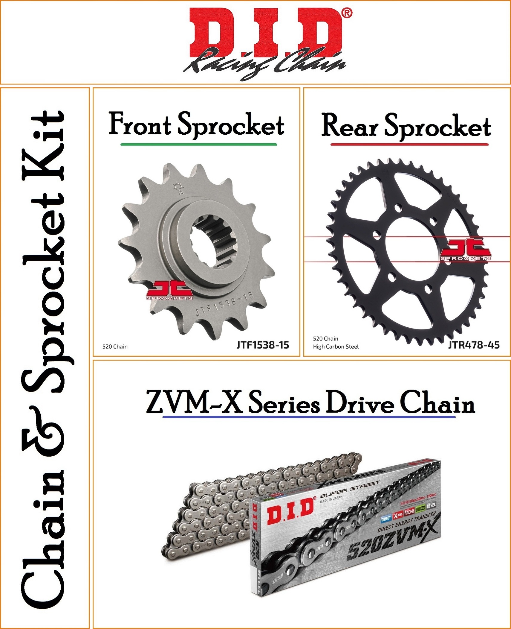 Chain and Sprocket Kit With a DID ZVMX 520 Pitch 114 Link Steel Chain ...
