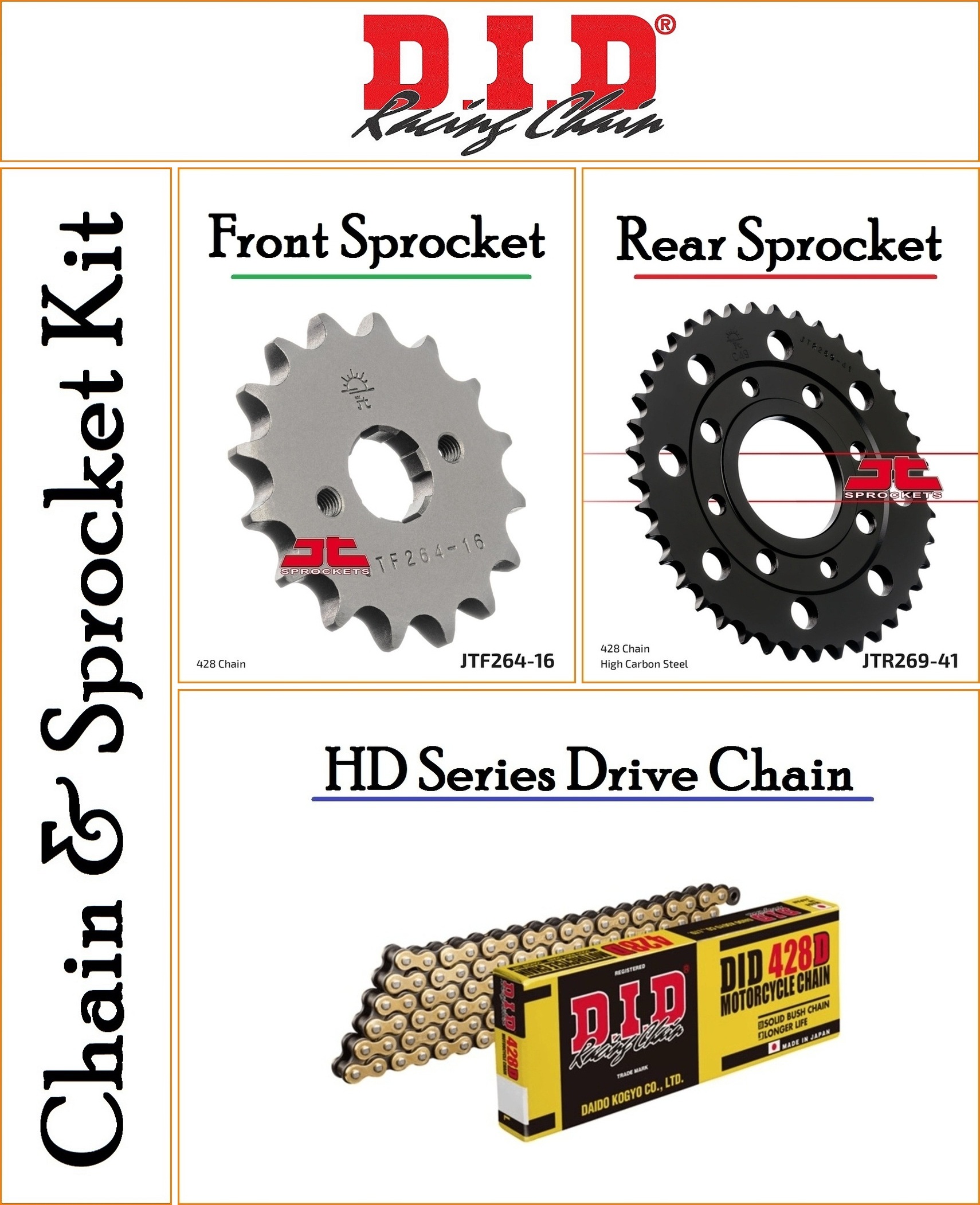 Chain and Sprocket Kit With a DID HD 428 Pitch 116 Link Gold Chain | WizBiz