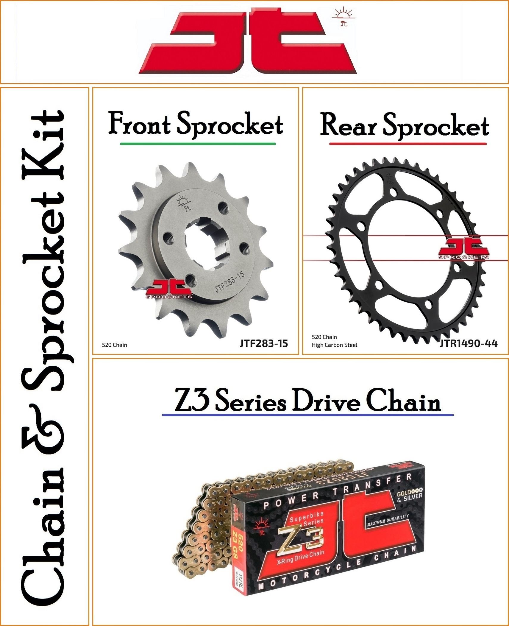 Chain and Sprocket Kit With a JT Z3 520 Pitch 110 Link Gold Chain | WizBiz