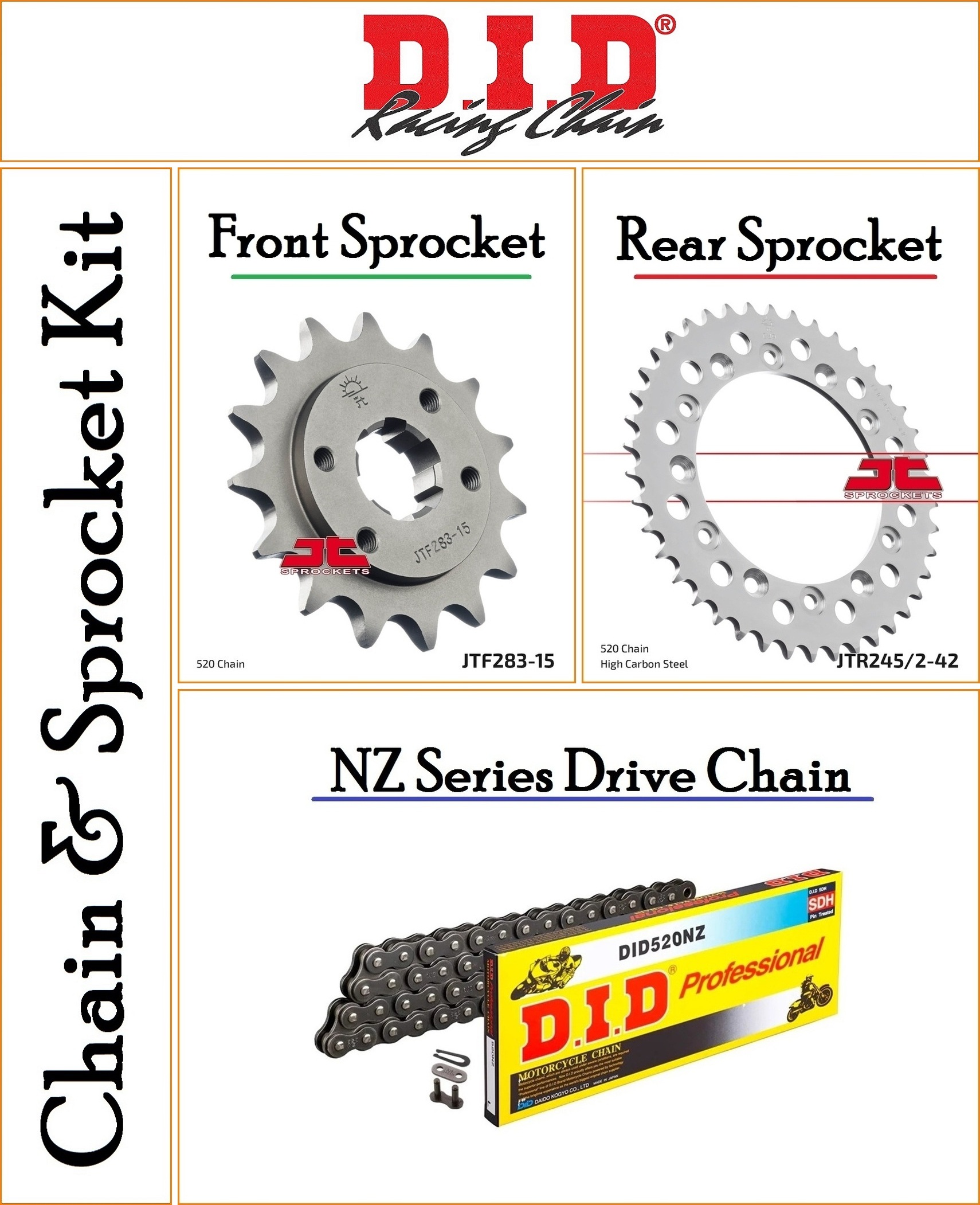 Chain and Sprocket Kit With a DID NZ 520 Pitch 108 Link Steel Chain ...