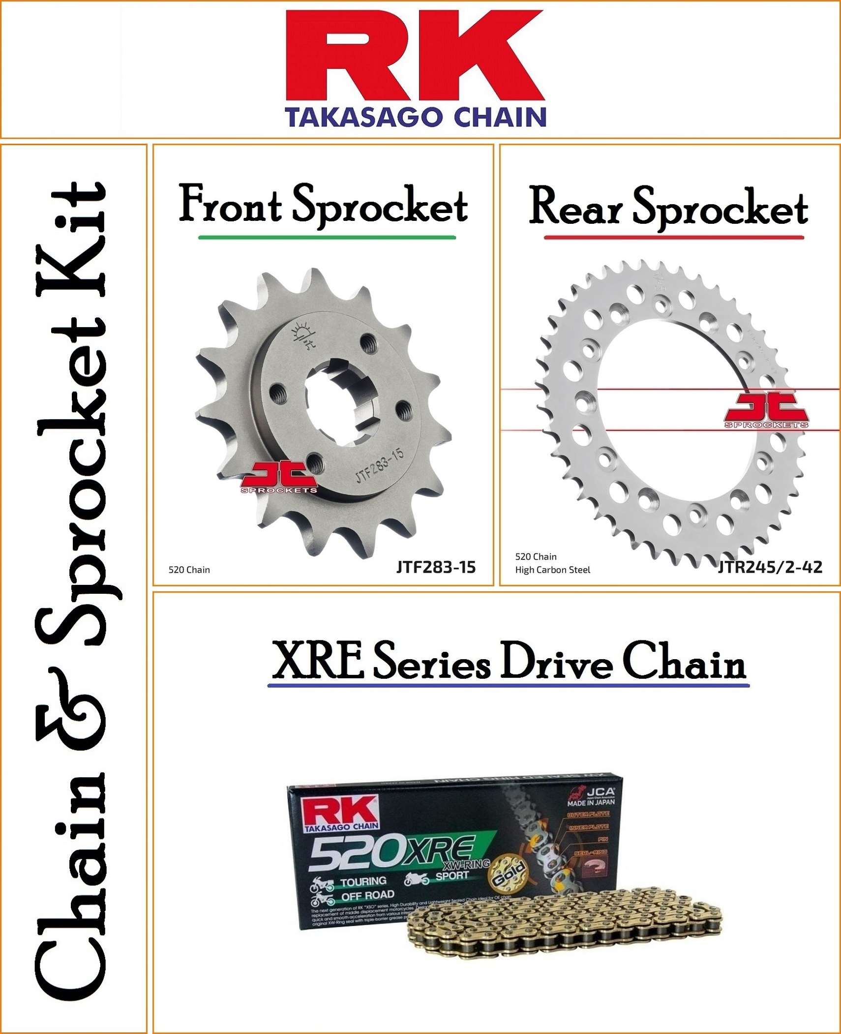 Chain and Sprocket Kit With a RK XRE 520 Pitch 108 Link Gold Chain | WizBiz