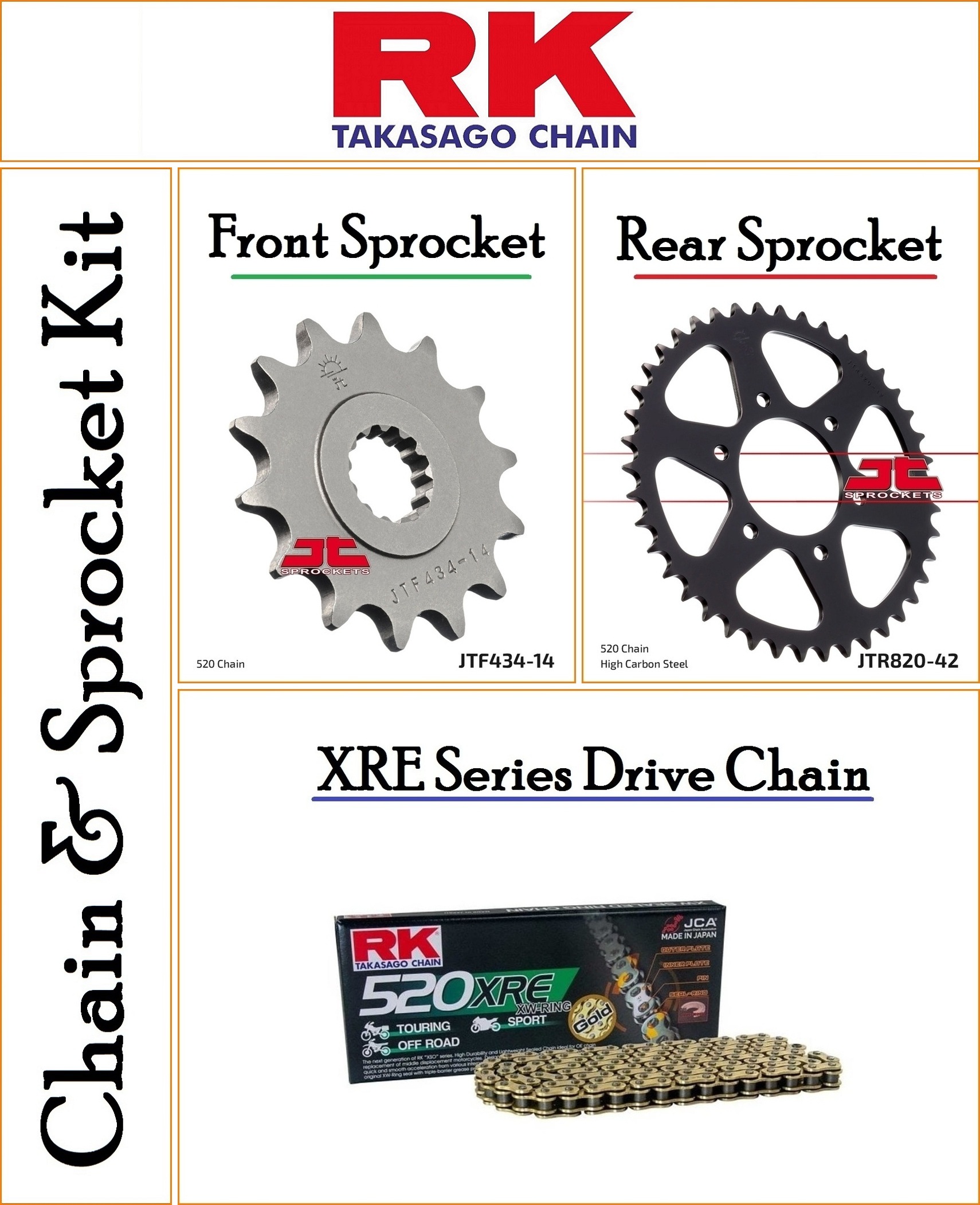 Chain and Sprocket Kit With a RK XRE 520 Pitch 106 Link Gold Chain | WizBiz