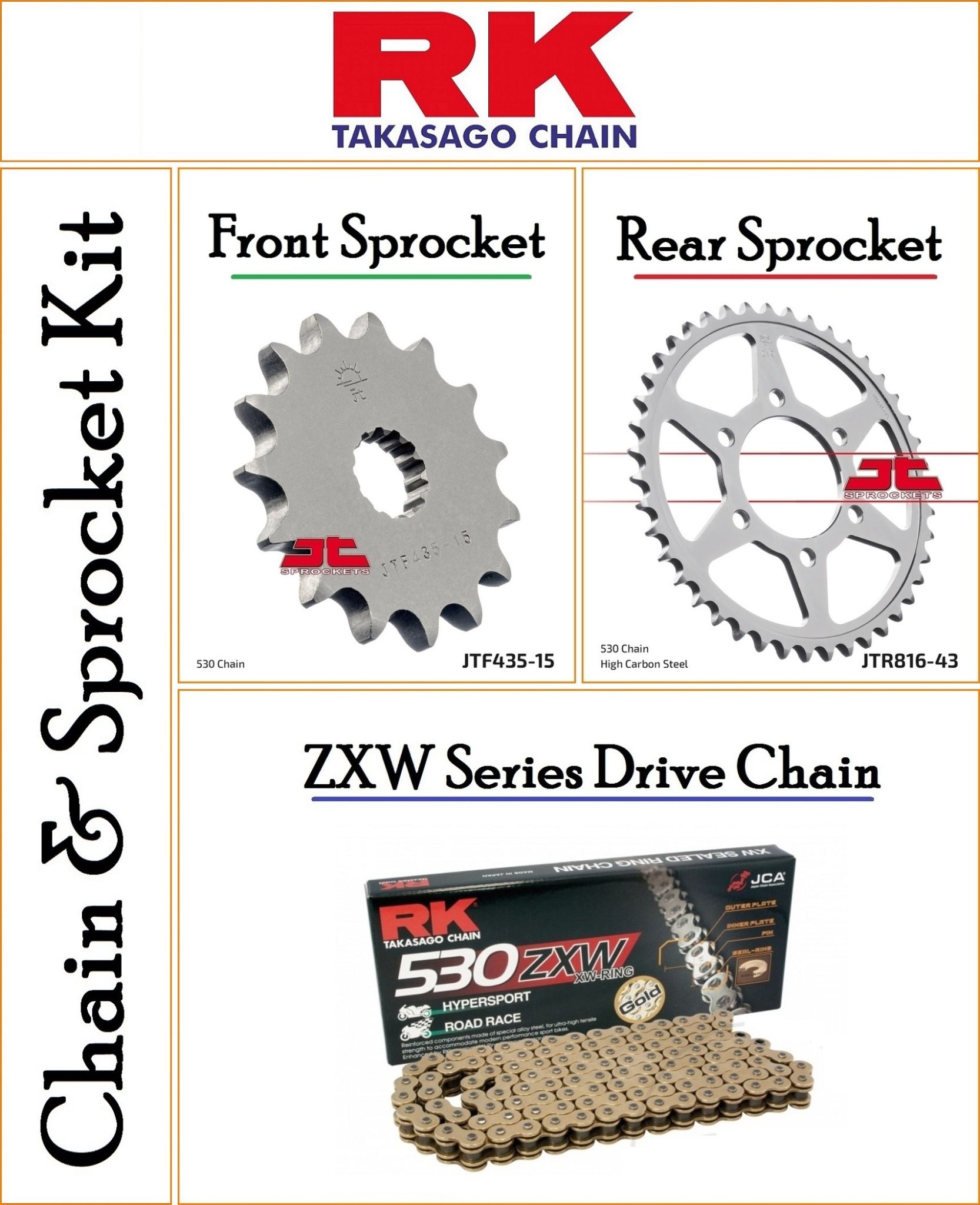 Chain and Sprocket Kit With a RK ZXW 530 Pitch 104 Link Gold Chain | WizBiz