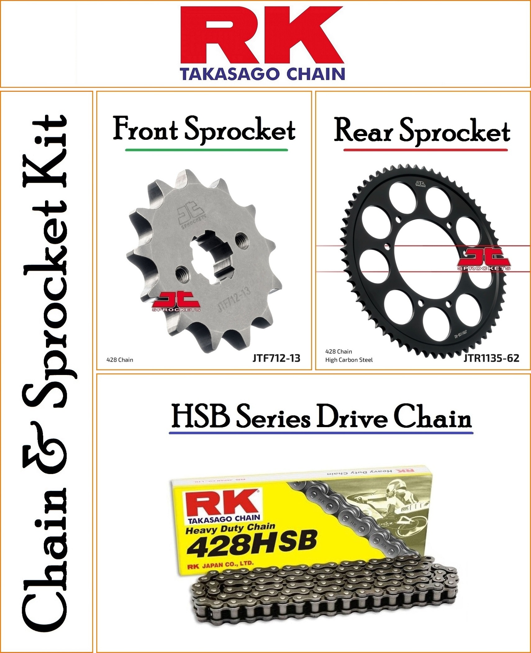 Chain and Sprocket Kit With a RK HSB 428 Pitch 136 Link Steel Chain ...