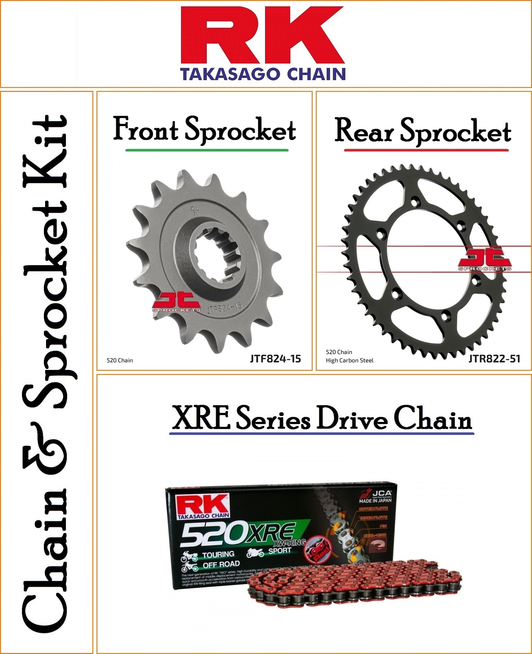 Chain and Sprocket Kit With a RK XRE 520 Pitch 120 Link Red Chain | WizBiz